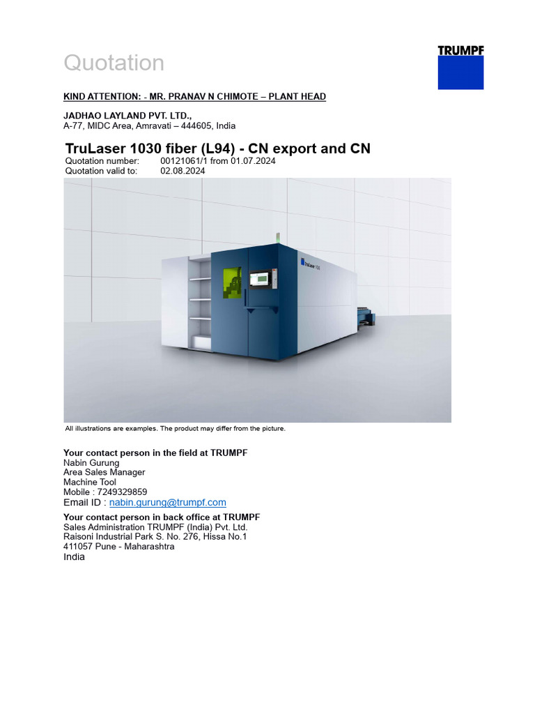 TruLaser 1030 Quotation Details | PDF | Exchange Rate | Laser