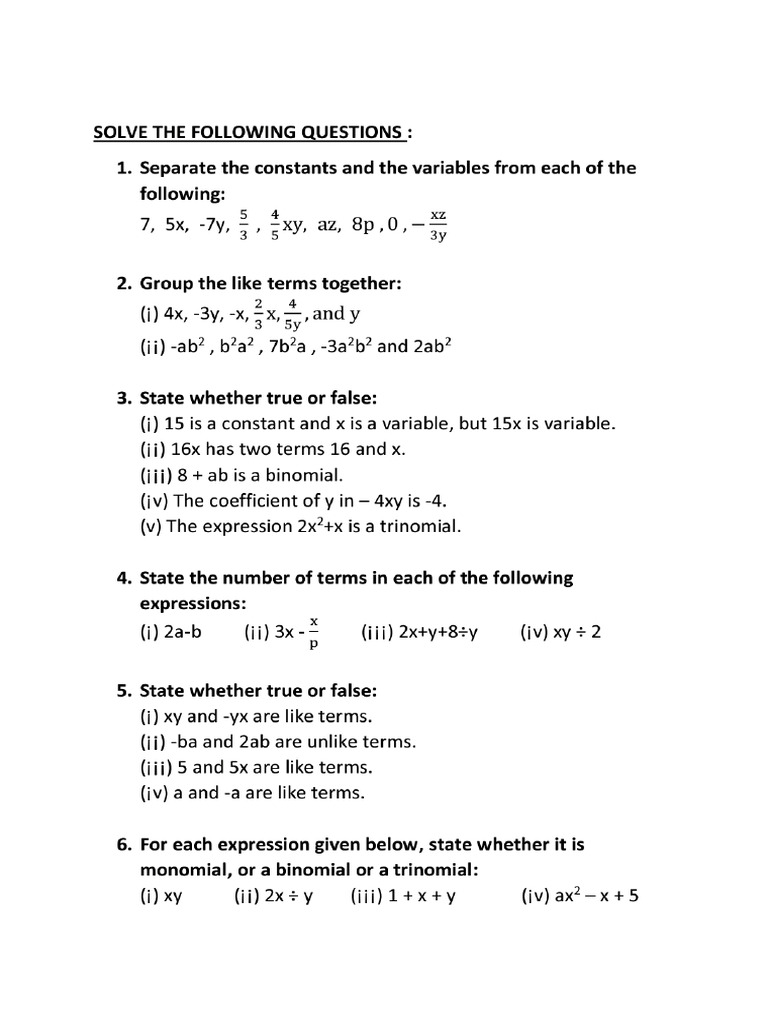Algebraic Expression Grade 6 | PDF