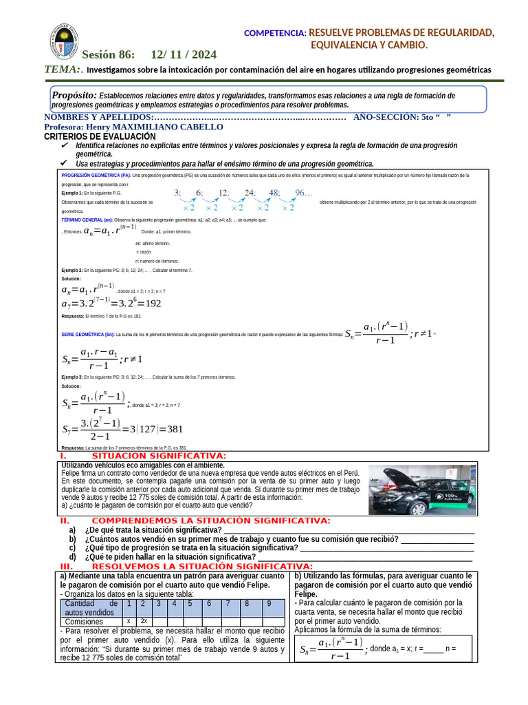 Ficha de Aprendizaje 86 - Progresiones Geométricas | PDF