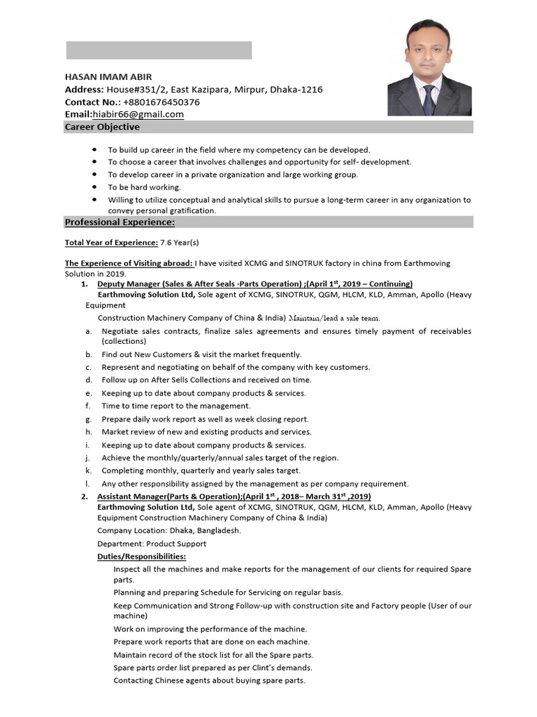 Resume of Hasan Imam Abir | PDF | Heavy Equipment