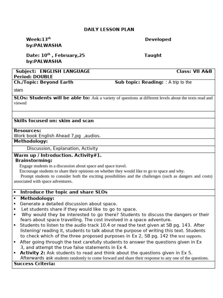 English Lesson Plan: Space Exploration | PDF
