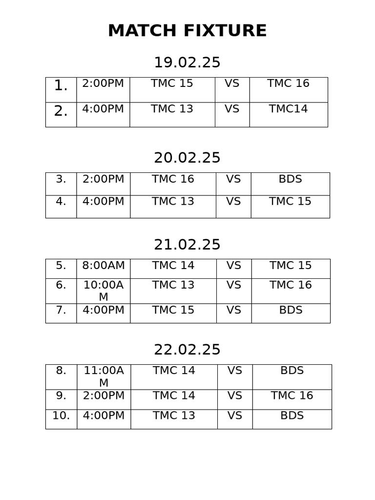 February 2025 Match Fixtures Schedule | PDF