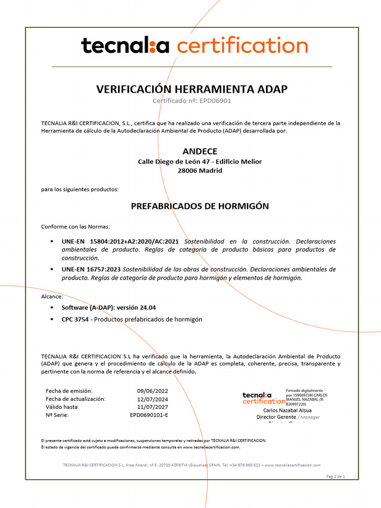Certificado Herramienta ANDECE v4 | PDF