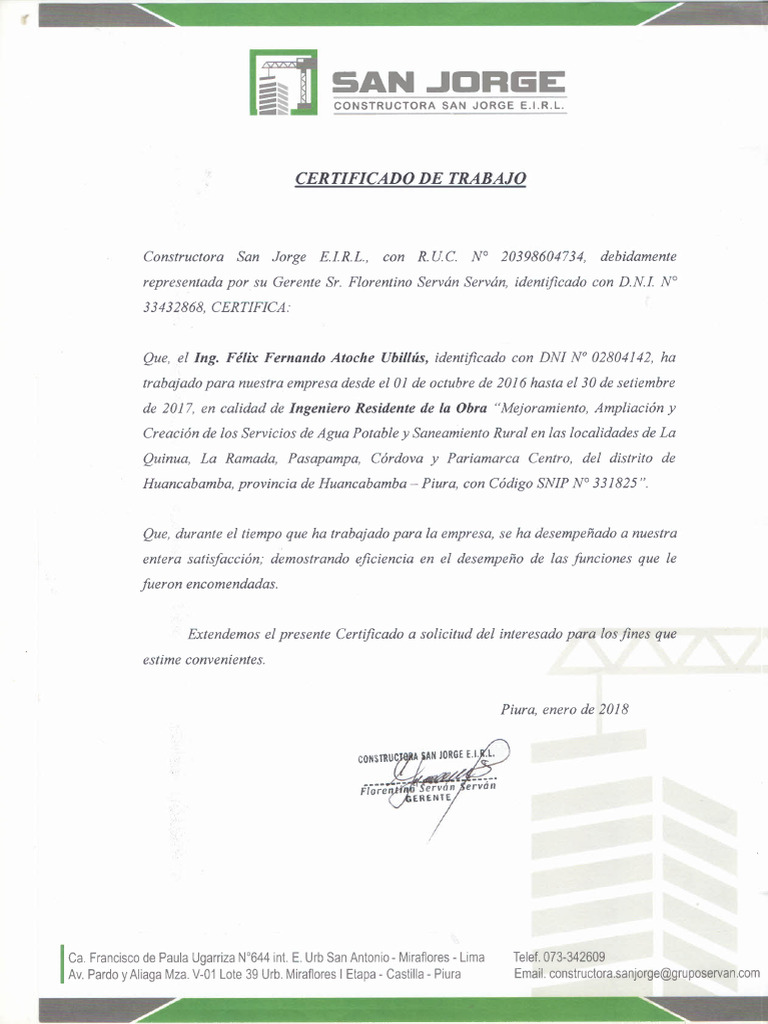 Certificado - Constructora San Jorge - Aguas Rurales Hbba | PDF