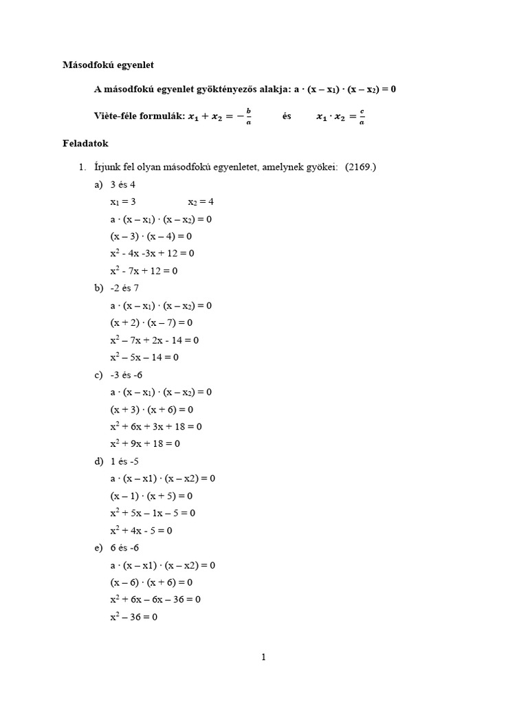 10.osztály Másodfokú Egyenlet Gyöktényezős Alak Viète Féle Formulák | PDF