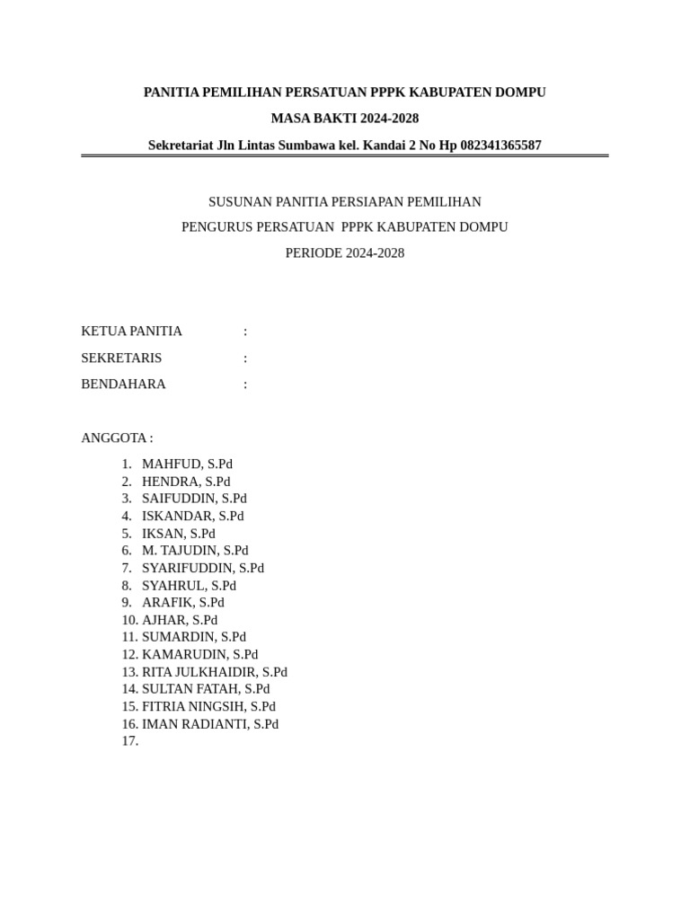 SUSUNAN PANITIA PEMILIHAN PENGURUS PPPK KABUPATEN DOMPU | PDF
