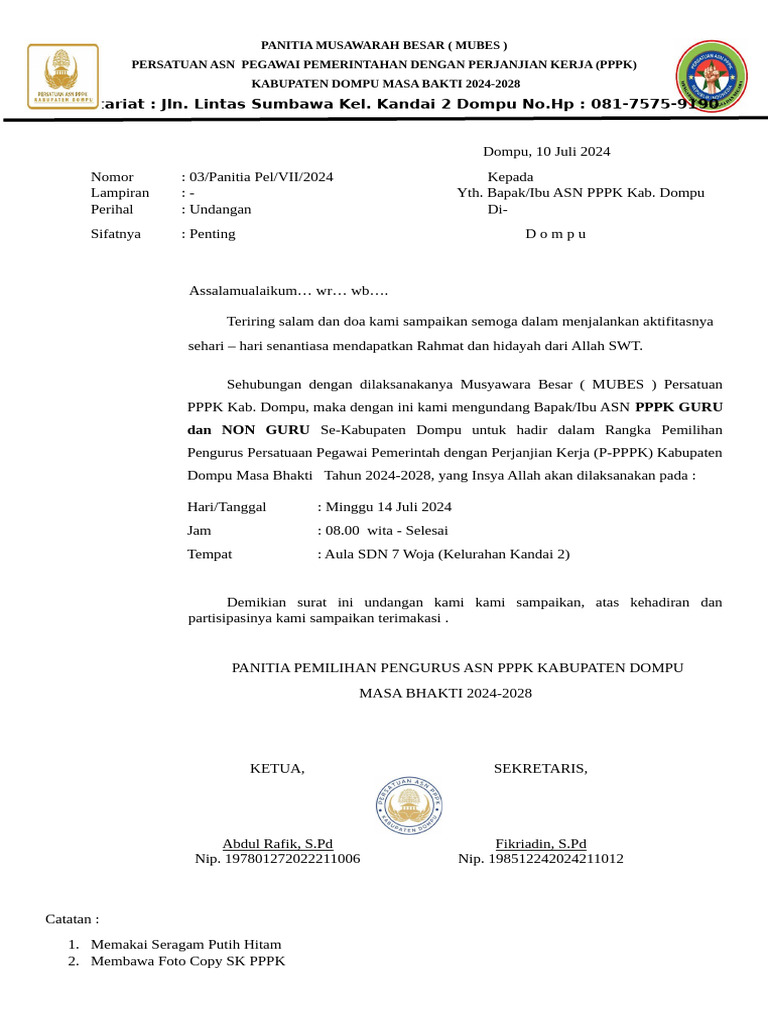 Undangan MUBES ASN PPPK Dompu 2024 | PDF