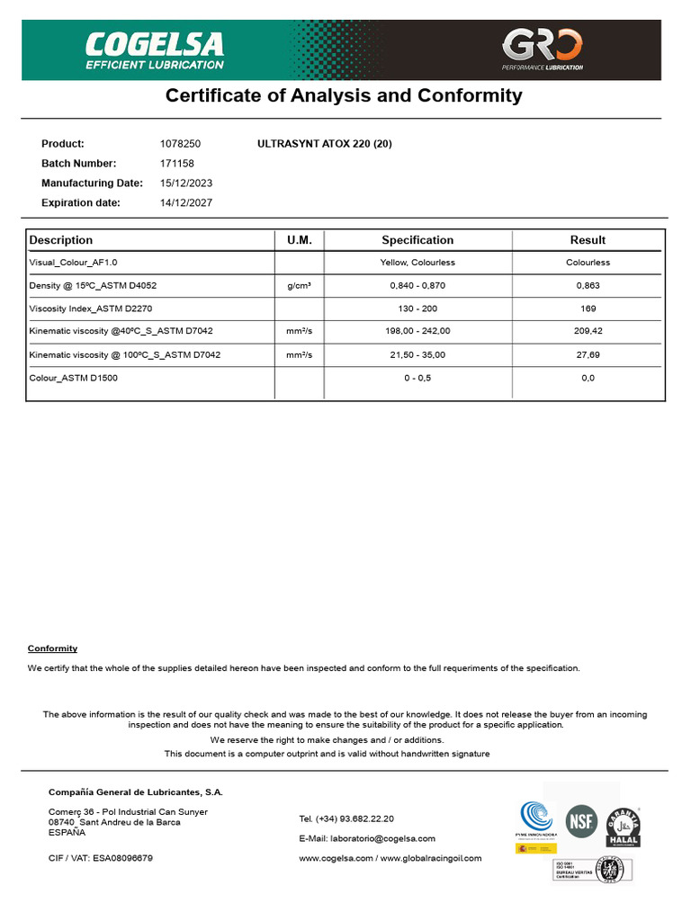 COA Ultrsynth Atox2200 | PDF