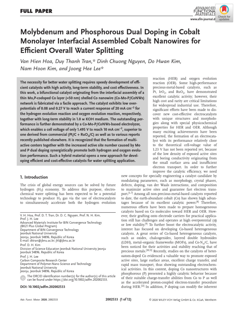 Molybdenum and Phosphorous Dual Doping I | PDF | X Ray Photoelectron Spectroscopy | Adsorption
