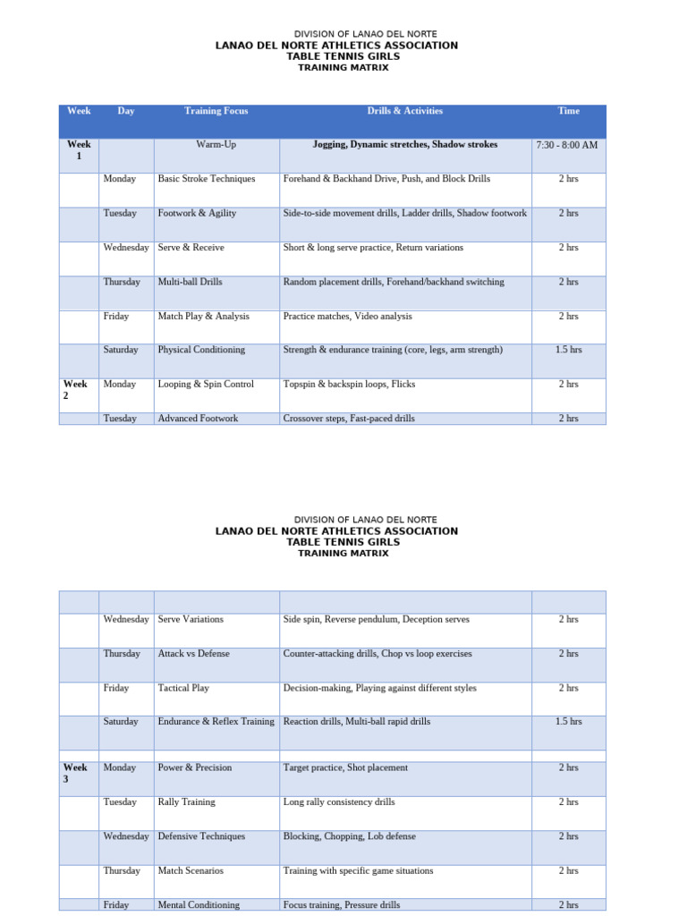 Table Tennis Training Matrix | PDF | Table Tennis | Athletic Sports