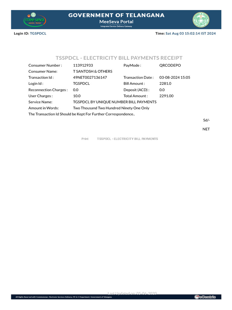 TSSPDCL - Electricity Bill Payments | PDF