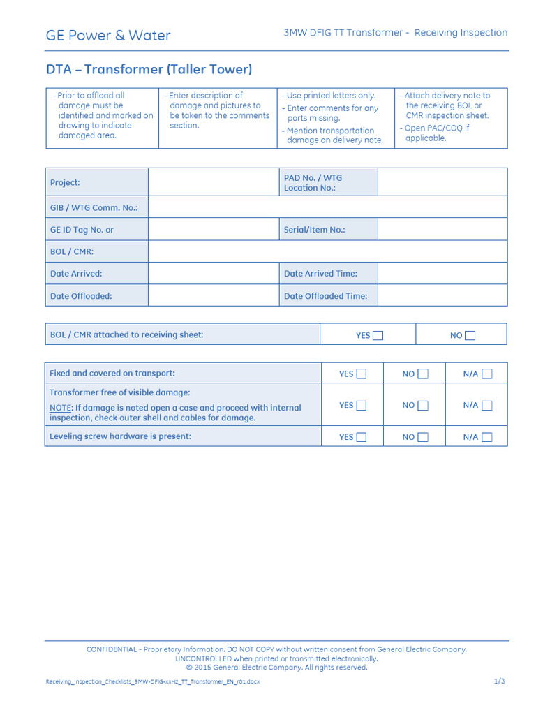 Receiving Inspection Checklists 3MW-DFIG-xxHz TT Transformer EN r01 | PDF