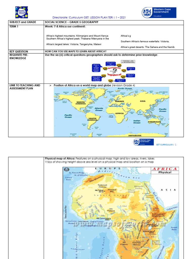 Lesson Plan IP Grade 5 SS Geography T1 W7&8 | PDF | Map | Africa