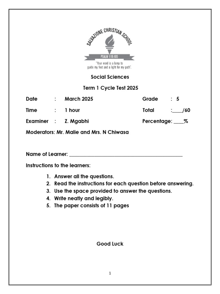 Grade 5 Social Sciences Term 1 Cycle Test Fixed | PDF