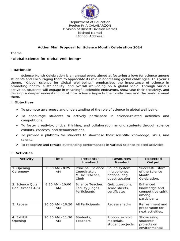 Action Plan Proposal - Science Month Celeb | PDF | Science | Creativity