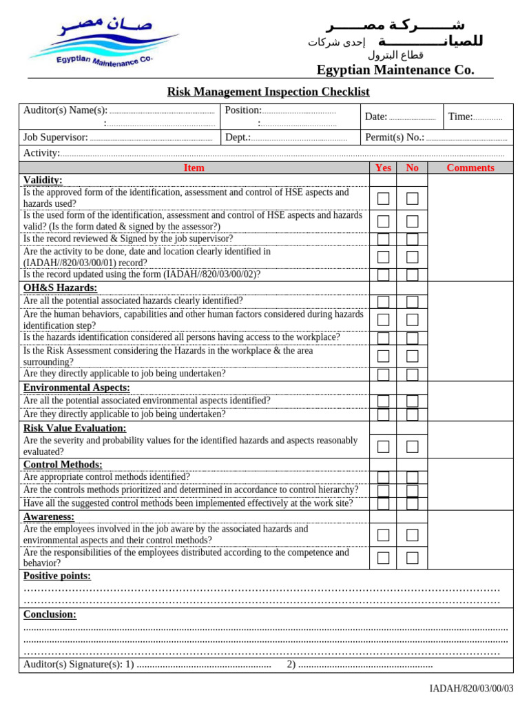 03 - Risk Management Inspection Checklist | PDF | Safety | Workplace