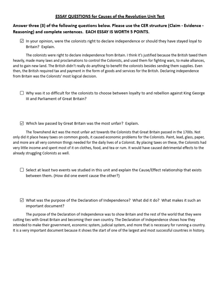 Essay Questions on American Revolution | PDF