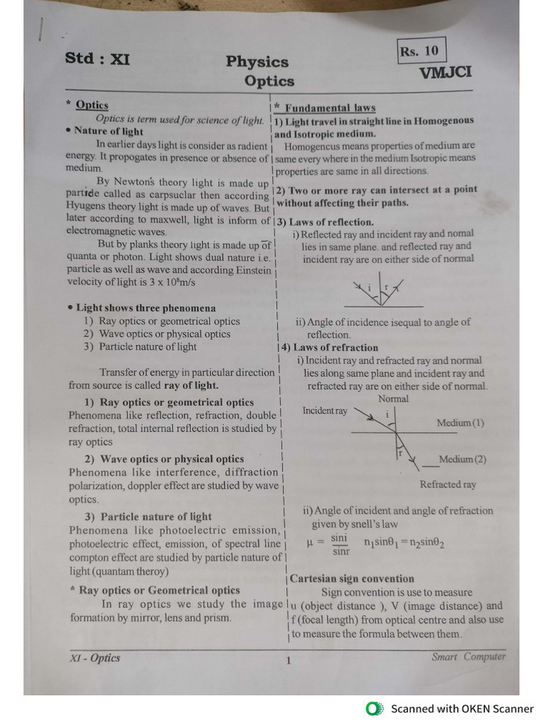 11th Physics (Optics) | PDF