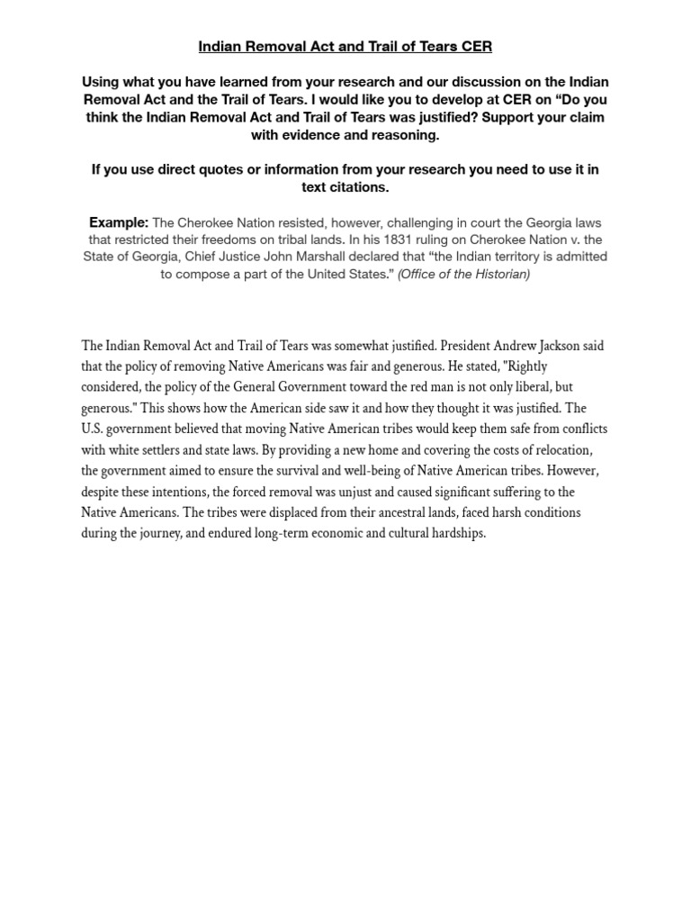 Ava Vennard - Indian Removal Act and Trail of Tears CER | PDF