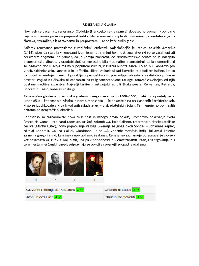 Glasba - Renesanca in Barok | PDF
