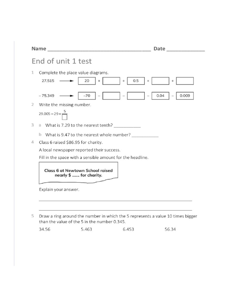 grade 6 unit 1 test | PDF