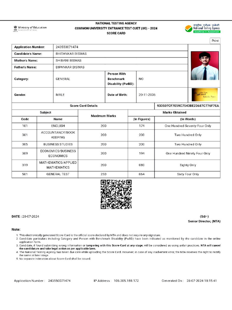 NTA SCORECARD CUET UG | PDF