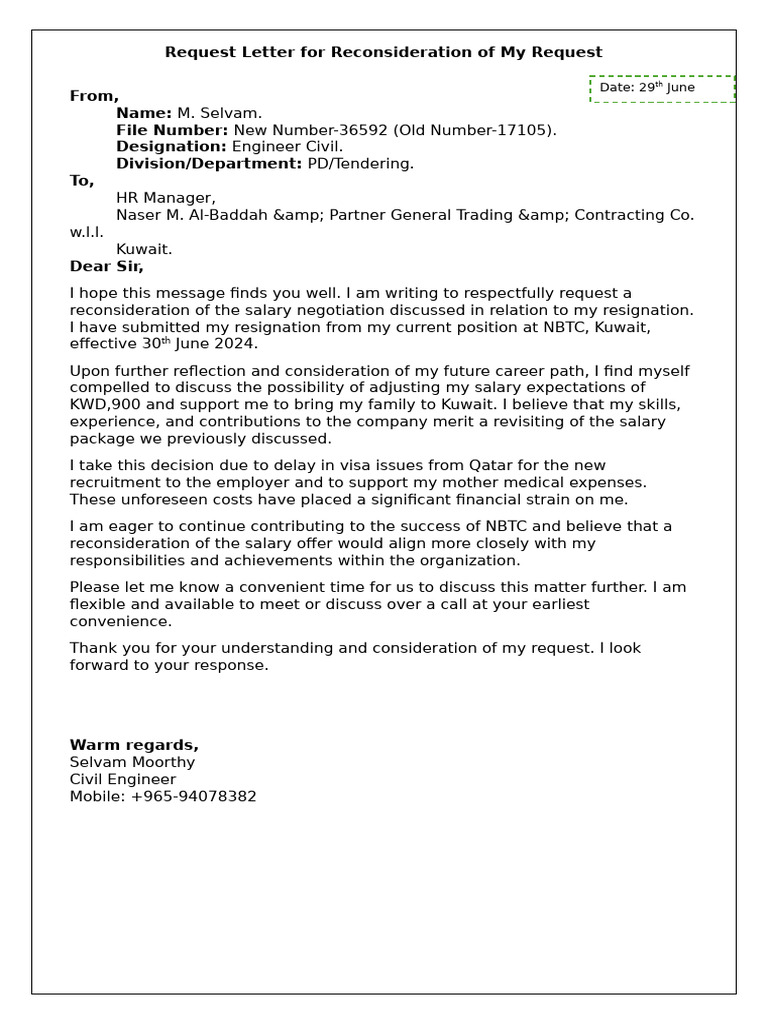 Request Letter For Reconsideration of My Request From, Name: File ...