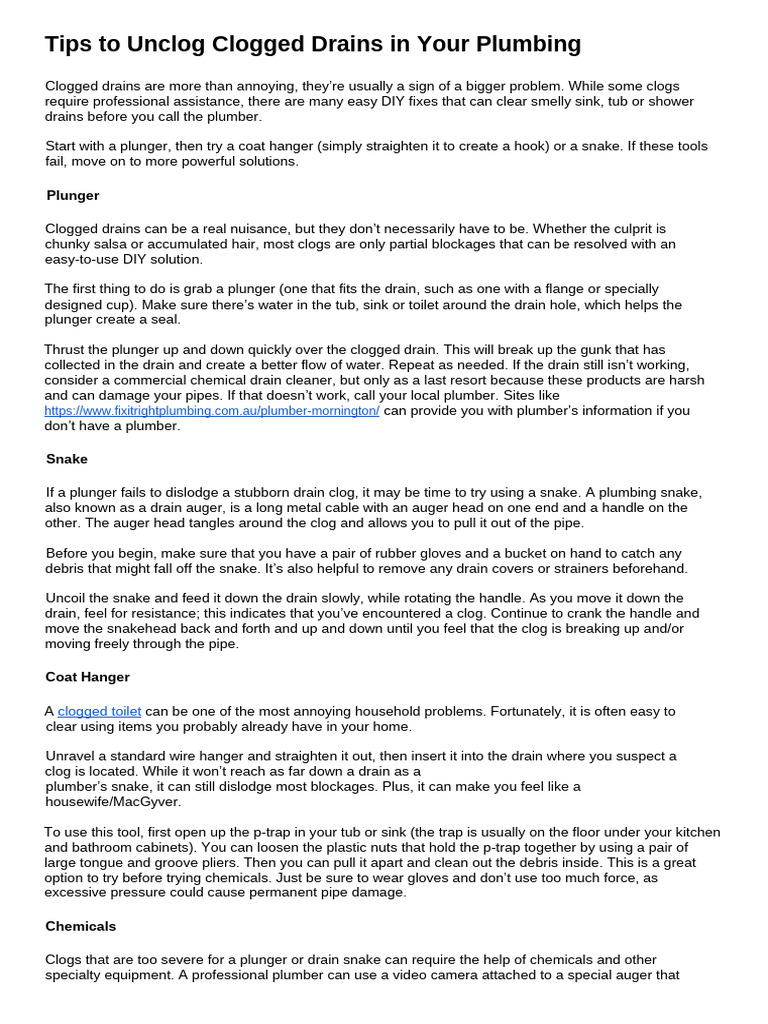 Tips To Unclog Clogged Drains in Your Plumbing | PDF | Plumbing | Hydraulic Engineering