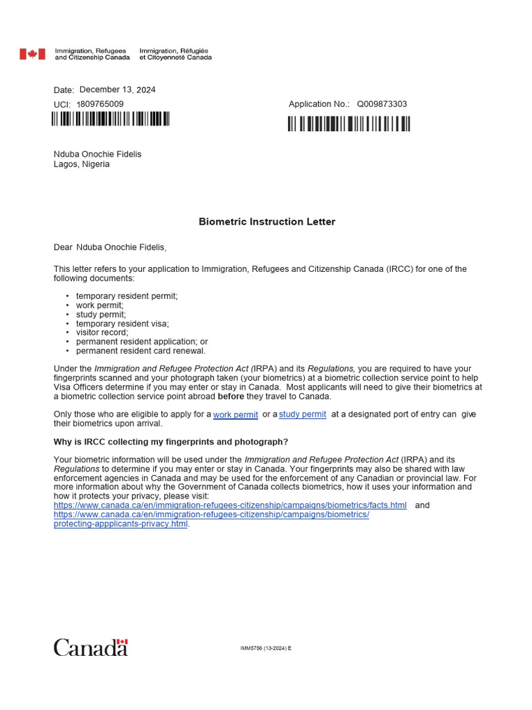 Nduba Onochie Fidelis Biometric Instruction Letter | PDF | Immigration ...