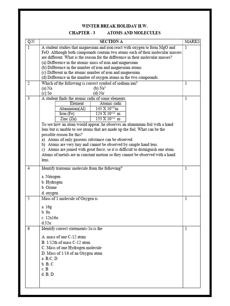 Ix-Science-Winter Break Holiday Home Work | PDF | Atoms | Ion