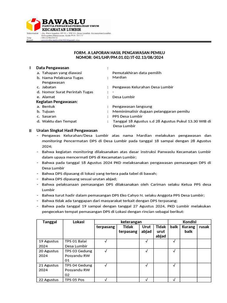 20240828-Form A Pencermatan DPS Desa Lumbir, Lumbir | PDF