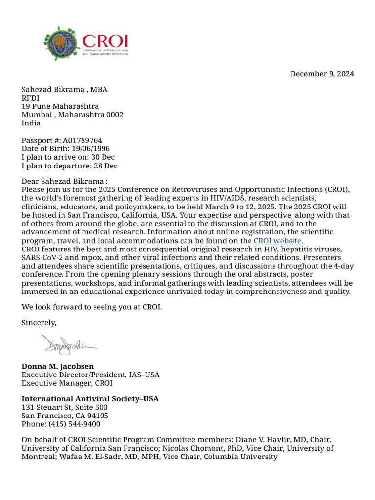 Letter of Invitation (For Visa and Other Purposes) - CROI Conference | PDF