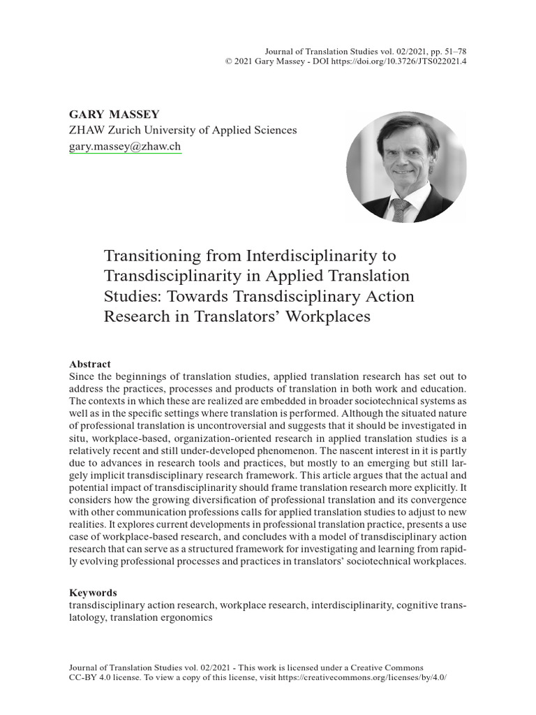 Transitioning From Interdisciplinarity To Transdisciplinarity in Applied Translation Studies ...