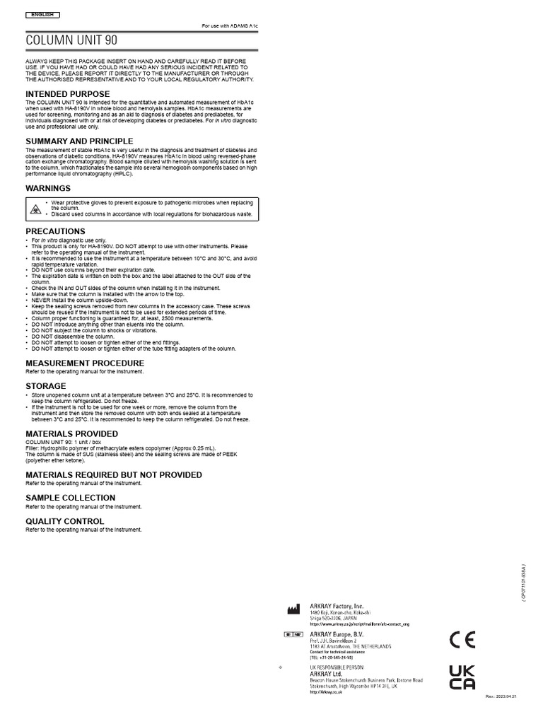 PI - ARKRAY ADAMS A1c HA-8190V COLUMN UNIT 90 | PDF | Glycated ...
