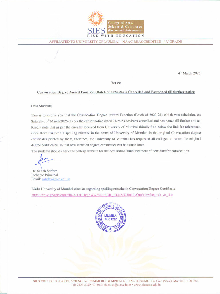 Notice Cancellation of Convocation Degree 8th March 2025 | PDF