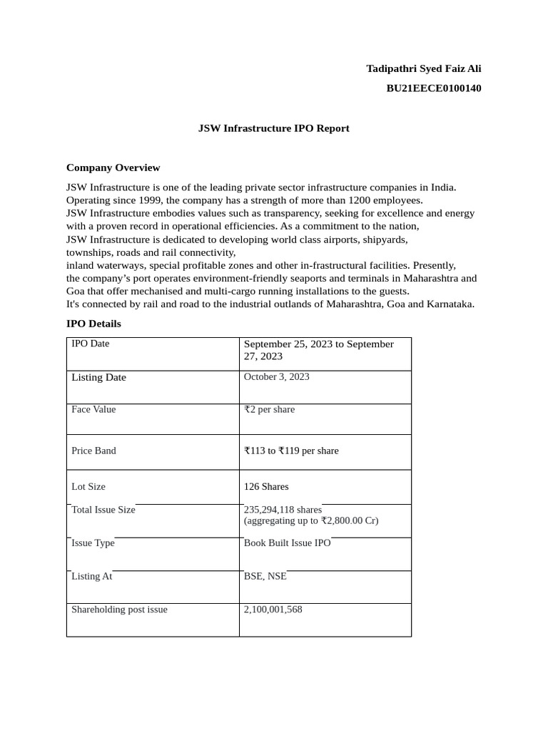 JSW Infrastructure IPO Overview and Details | PDF | Infrastructure ...