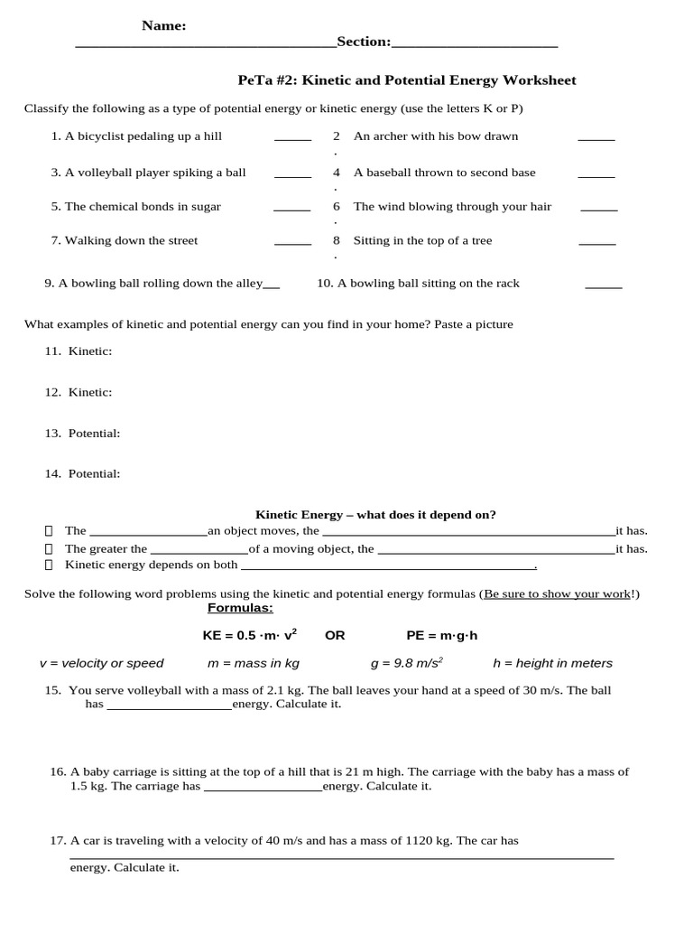 Kinetic and Potential Energy Worksheet | PDF | Kinetic Energy ...