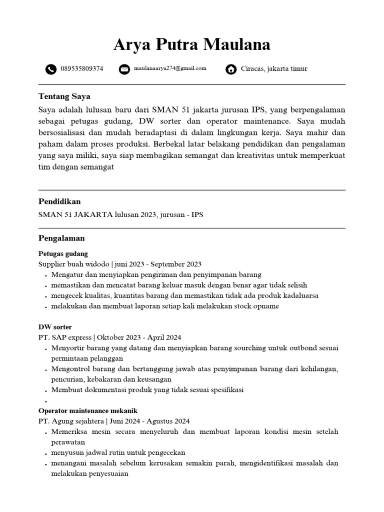 CV Arya Putra Maulana | PDF