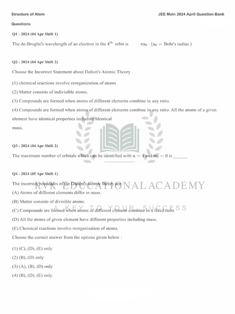 Structure of Atom - JEE Main April2024 | PDF
