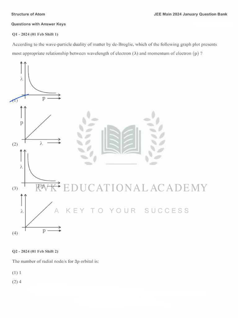 Structure of Atom - JEE Main Jan2024 | PDF