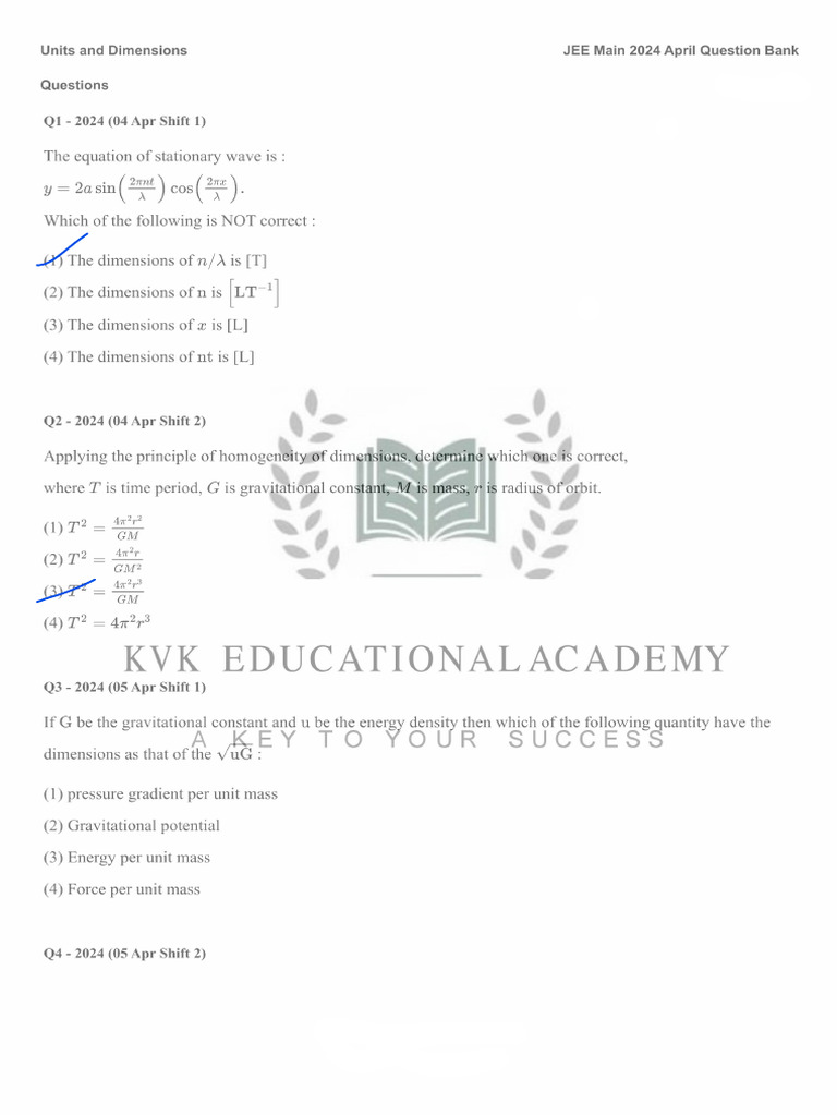 Units and Dimensions - JEE Main April2024 | PDF