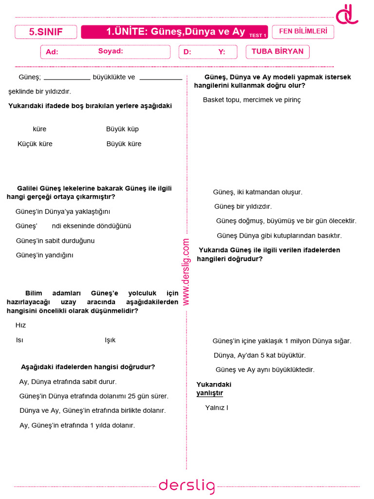 05 Gunes-Dunya-Ve-Ay-Test-1 | PDF