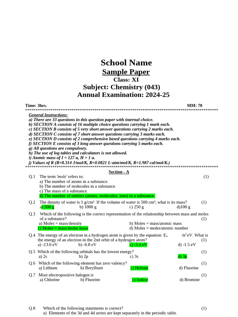 QP Chemsitry Class XI Sample AE 2024 25 | PDF | Distillation | Molecular Orbital