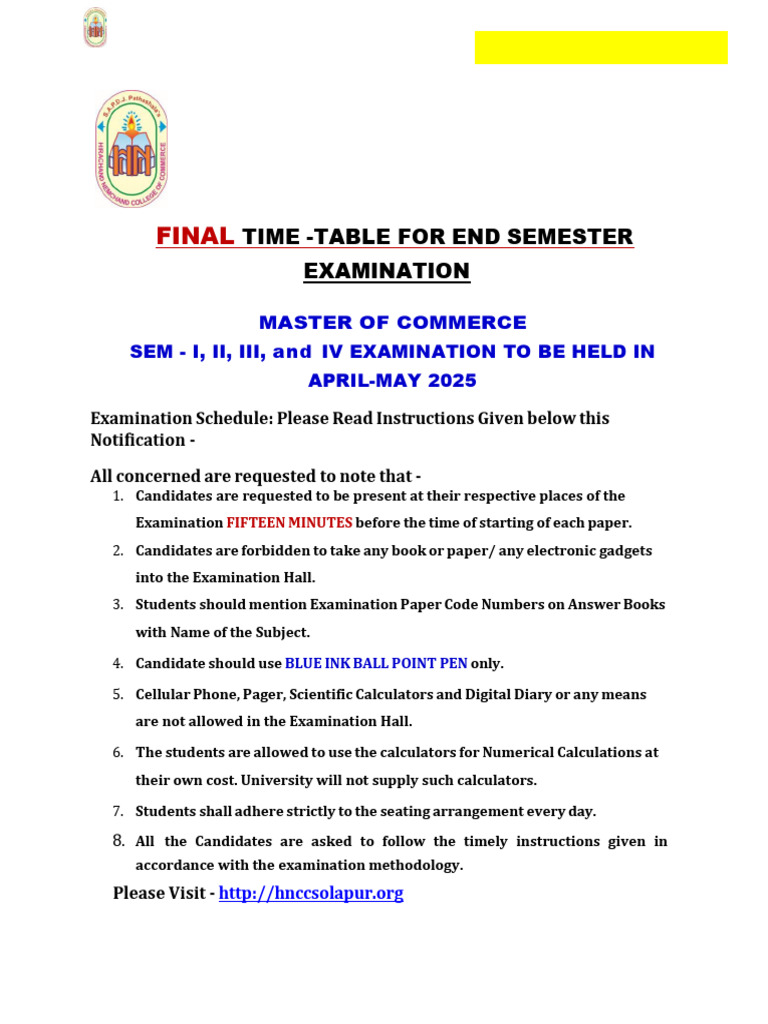 Mcom Final Time Table.761 | PDF