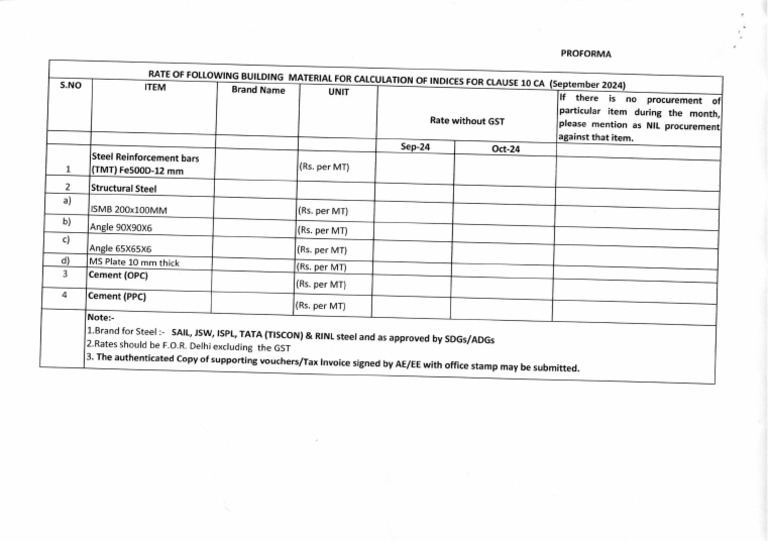 Rate For 10CA Indices | PDF | Building Materials | Structural Engineering