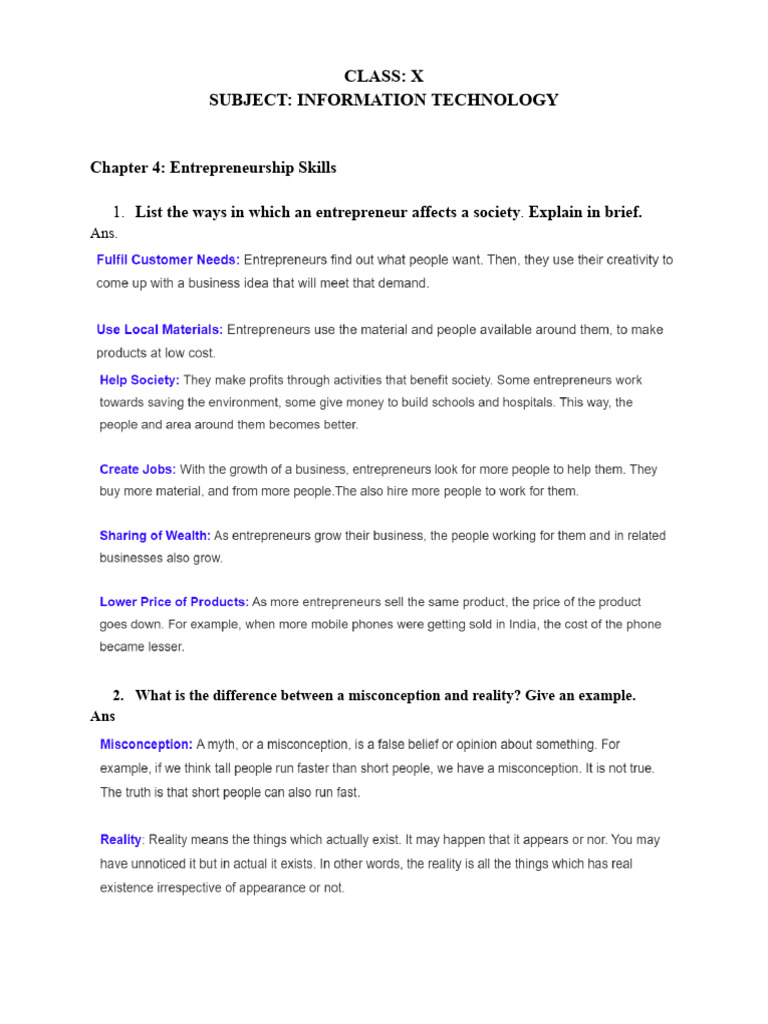 X IT CH4 (Entrepreneurship Skills) Homework | PDF