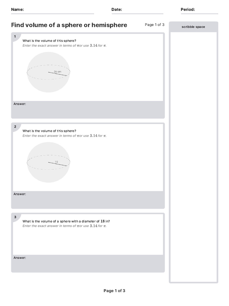 Sphere and Hemisphere Volume Worksheet | PDF | Sphere | Geometry