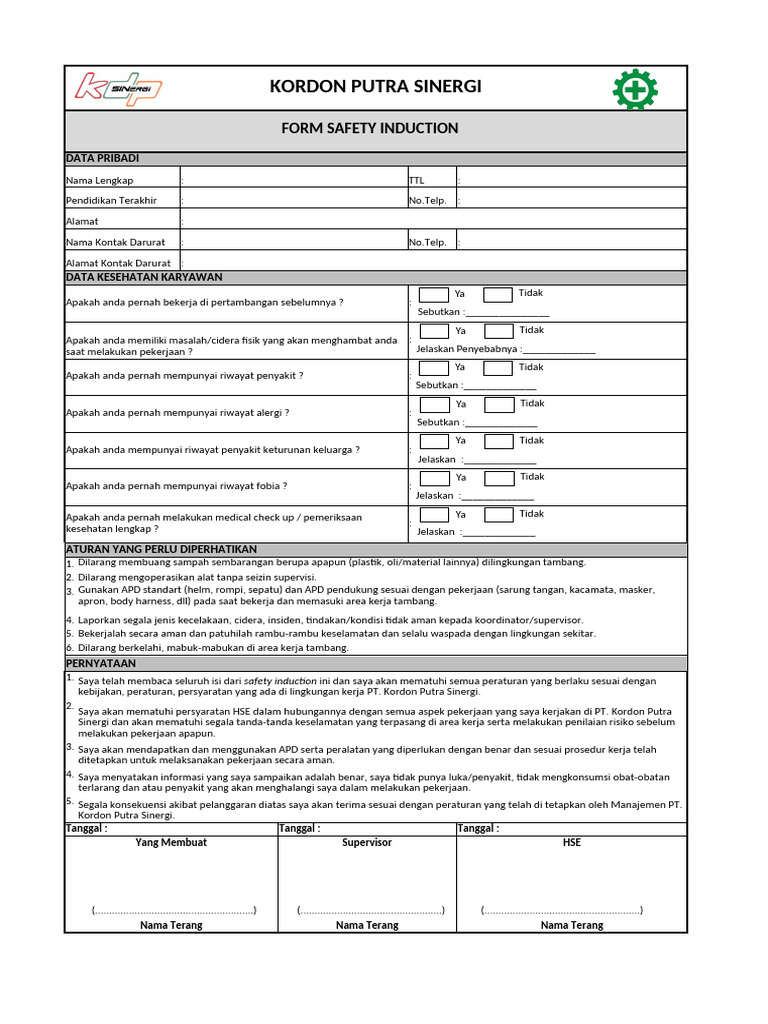 Form Safety Induction | PDF