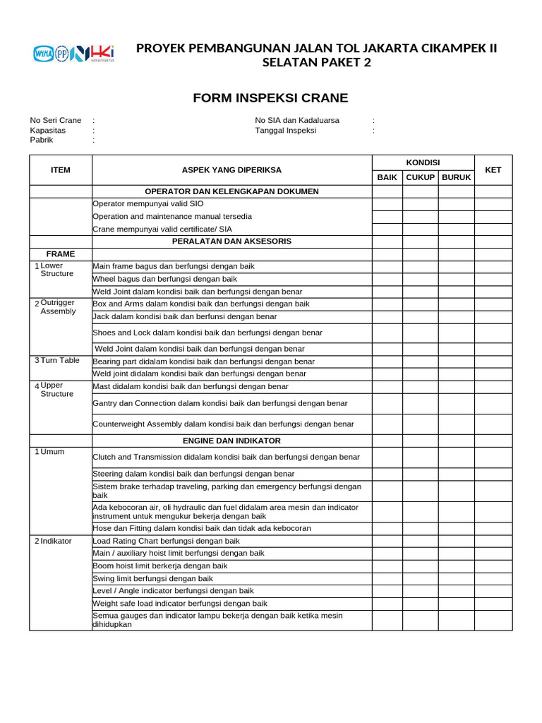 Form Inspeksi Alat Berat Proyek Jakarta - Cikampek | PDF