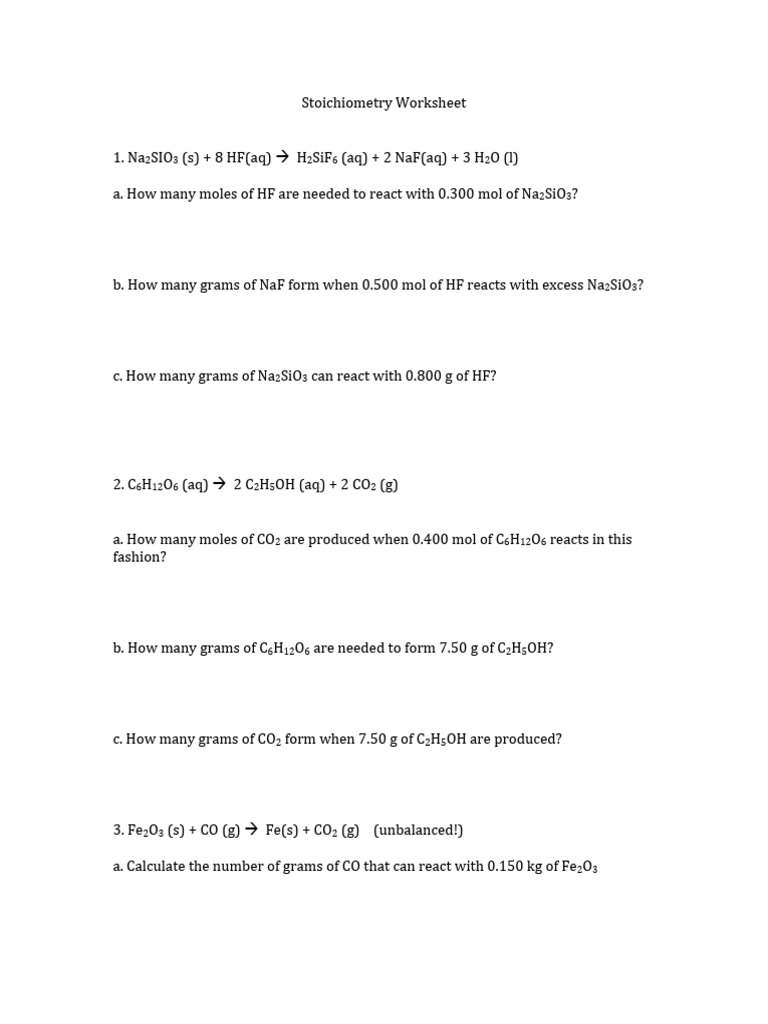 Stoichiometry Practice Problems Worksheet | PDF